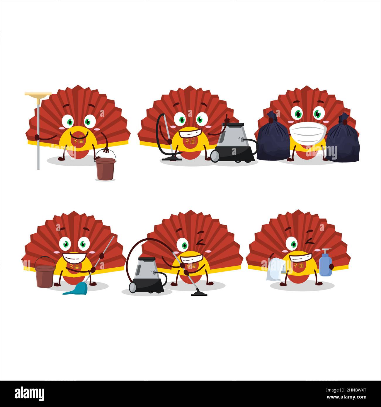 Cleaning service red chinese fan cute cartoon character using mop ...