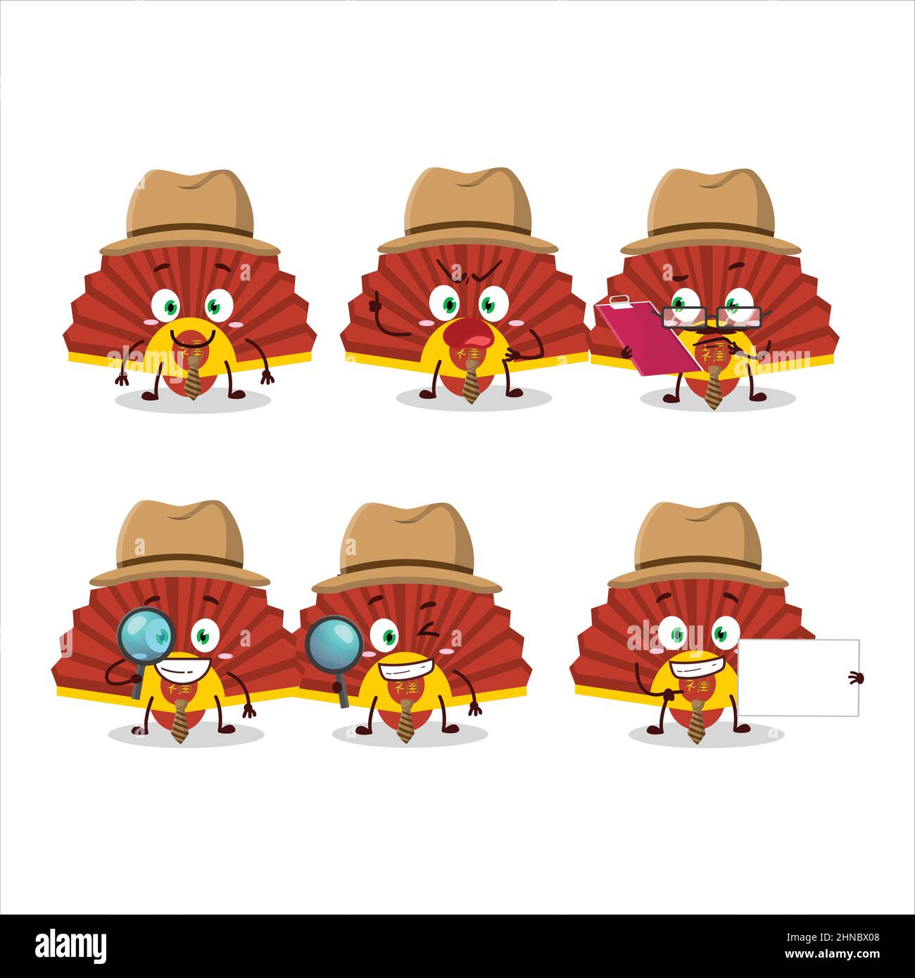 Detective red chinese fan cute cartoon character holding magnifying ...