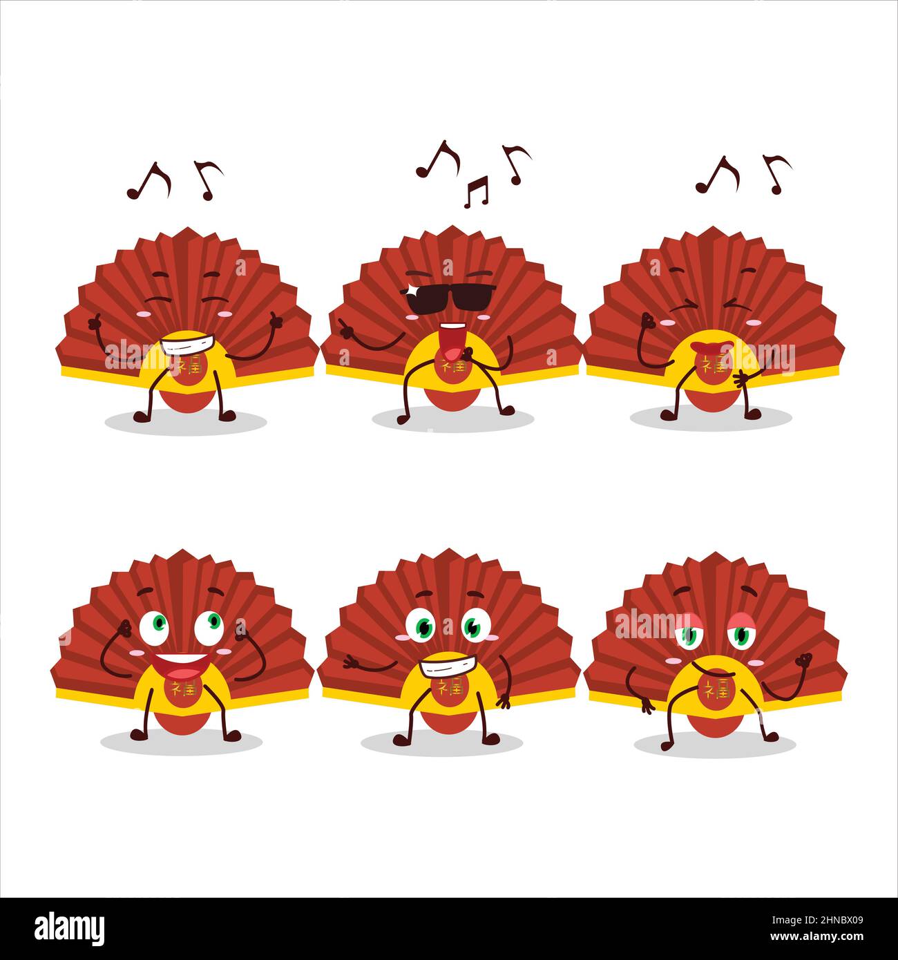 An image of red chinese fan dancer cartoon character enjoying the music ...