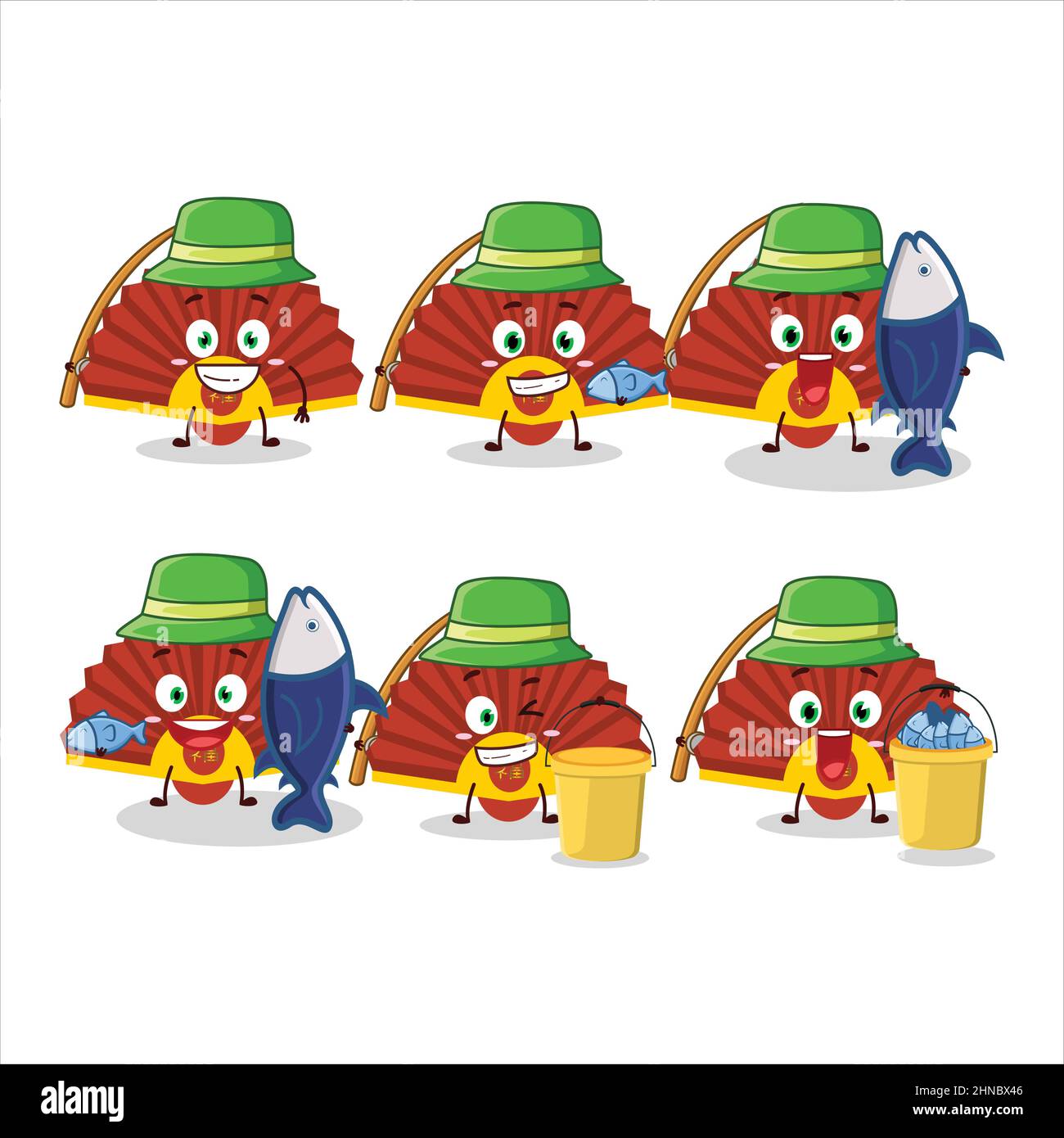 A fisherman red chinese fan cartoon picture catch a big fish. Vector ...