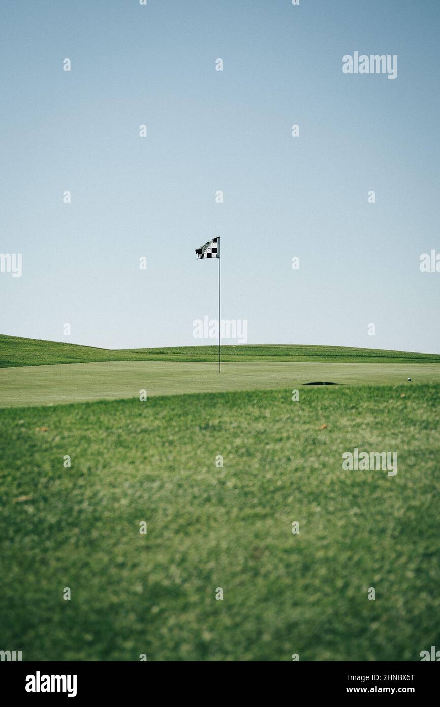 Vertical shot of a golf flagstick in a green field with a light blue ...