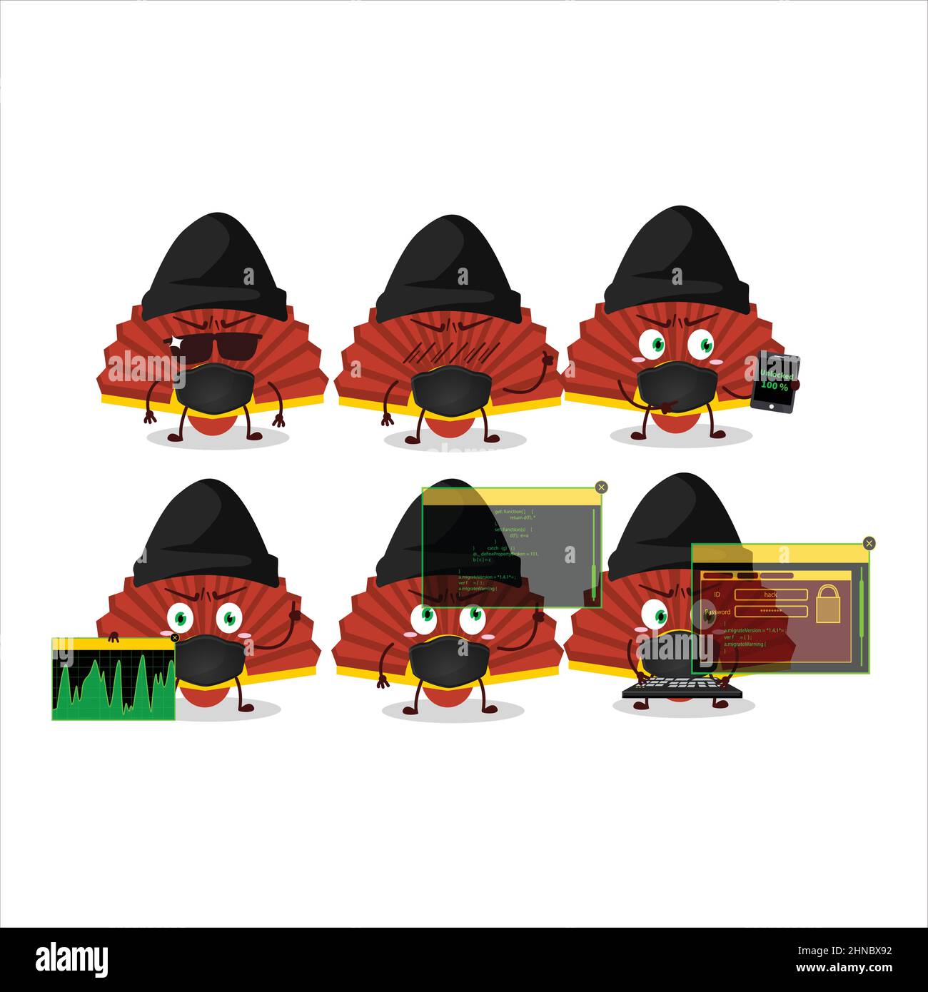 A Hacker red chinese fan character mascot with. Vector illustration ...
