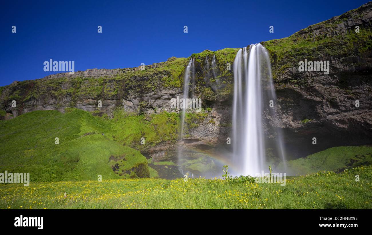 Seljalandsfoss with long exposure surrounded by greenery in Iceland ...