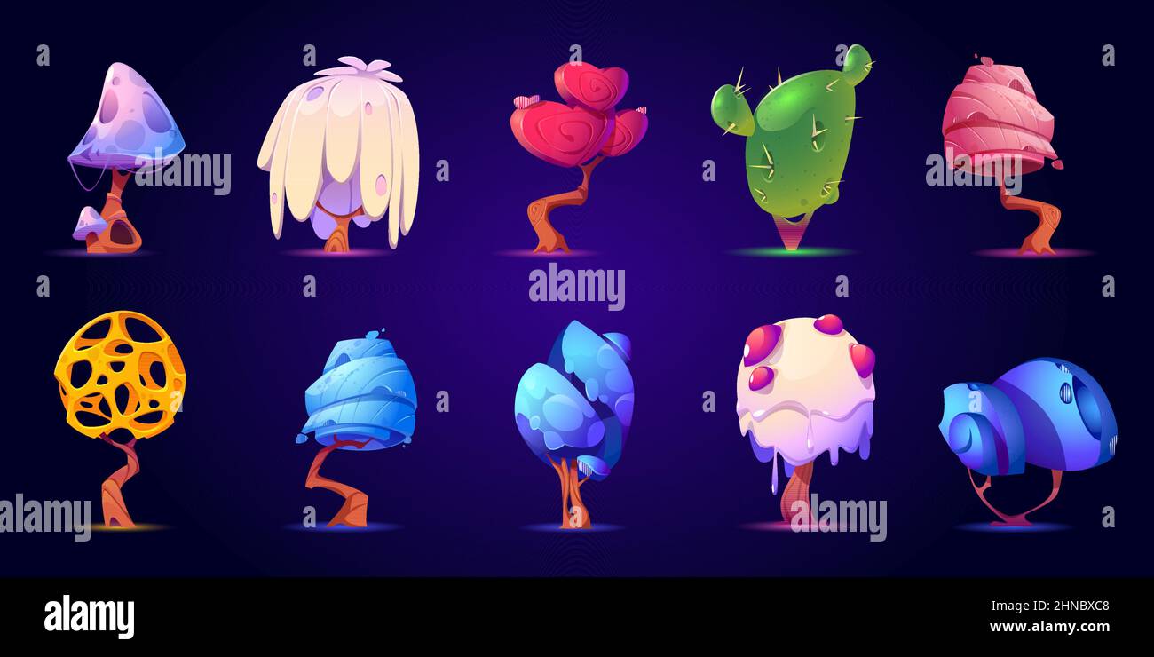 Fantasy trees and mushrooms for ui game design. Vector cartoon set of ...