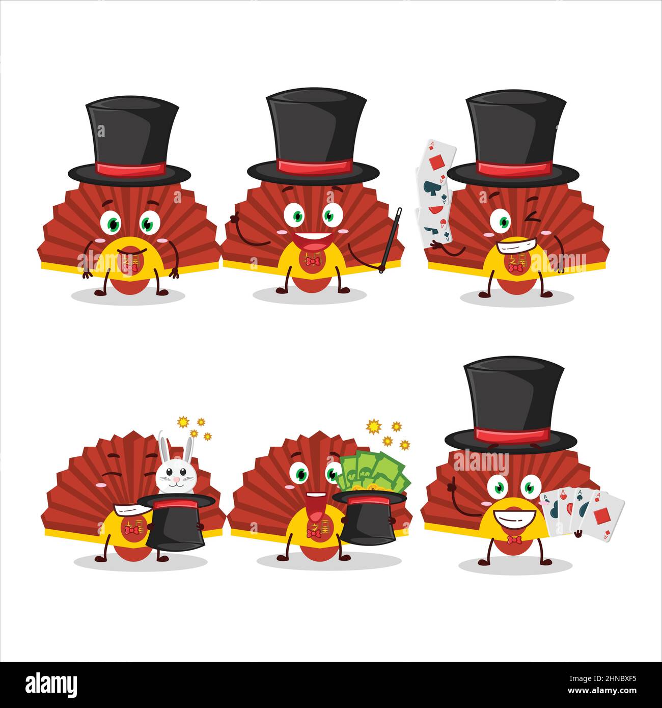 A red chinese fan Magician cartoon character perform on a stage. Vector ...