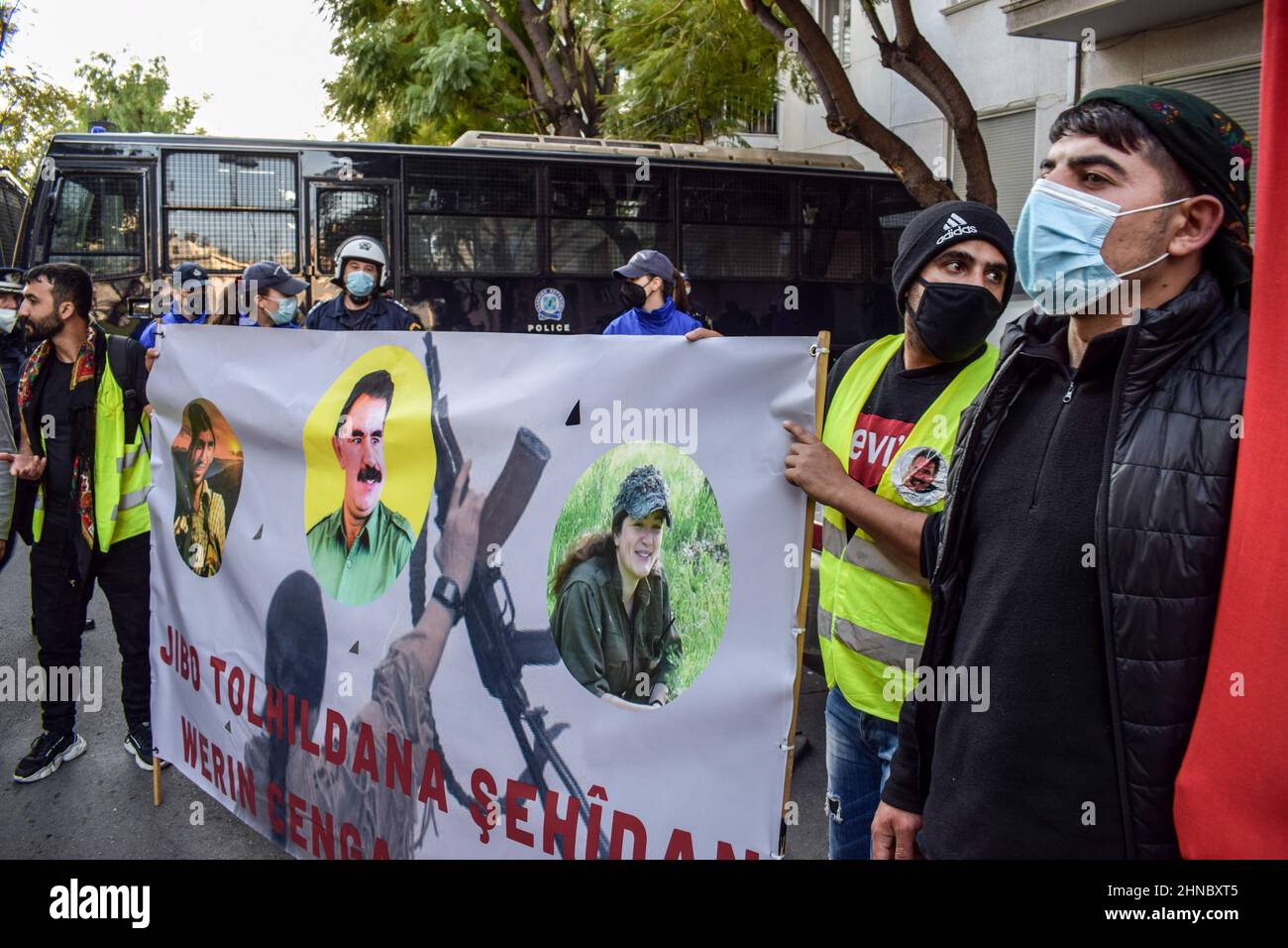 Athens, Greece. 15th Feb, 2022. Kurdish activists shout slogans waving ...