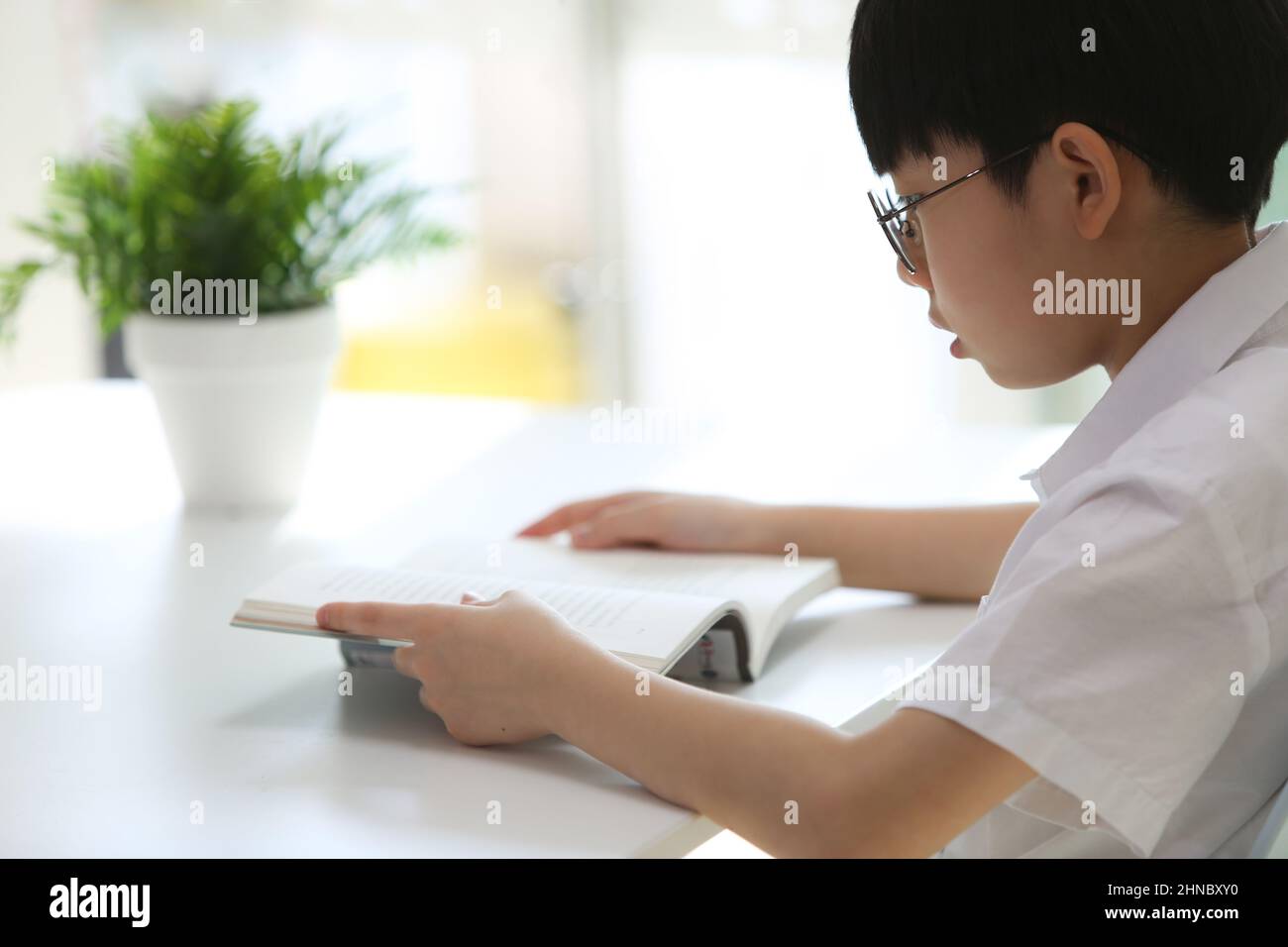 Correct study attitude of smart and cute student focusing on reading ...