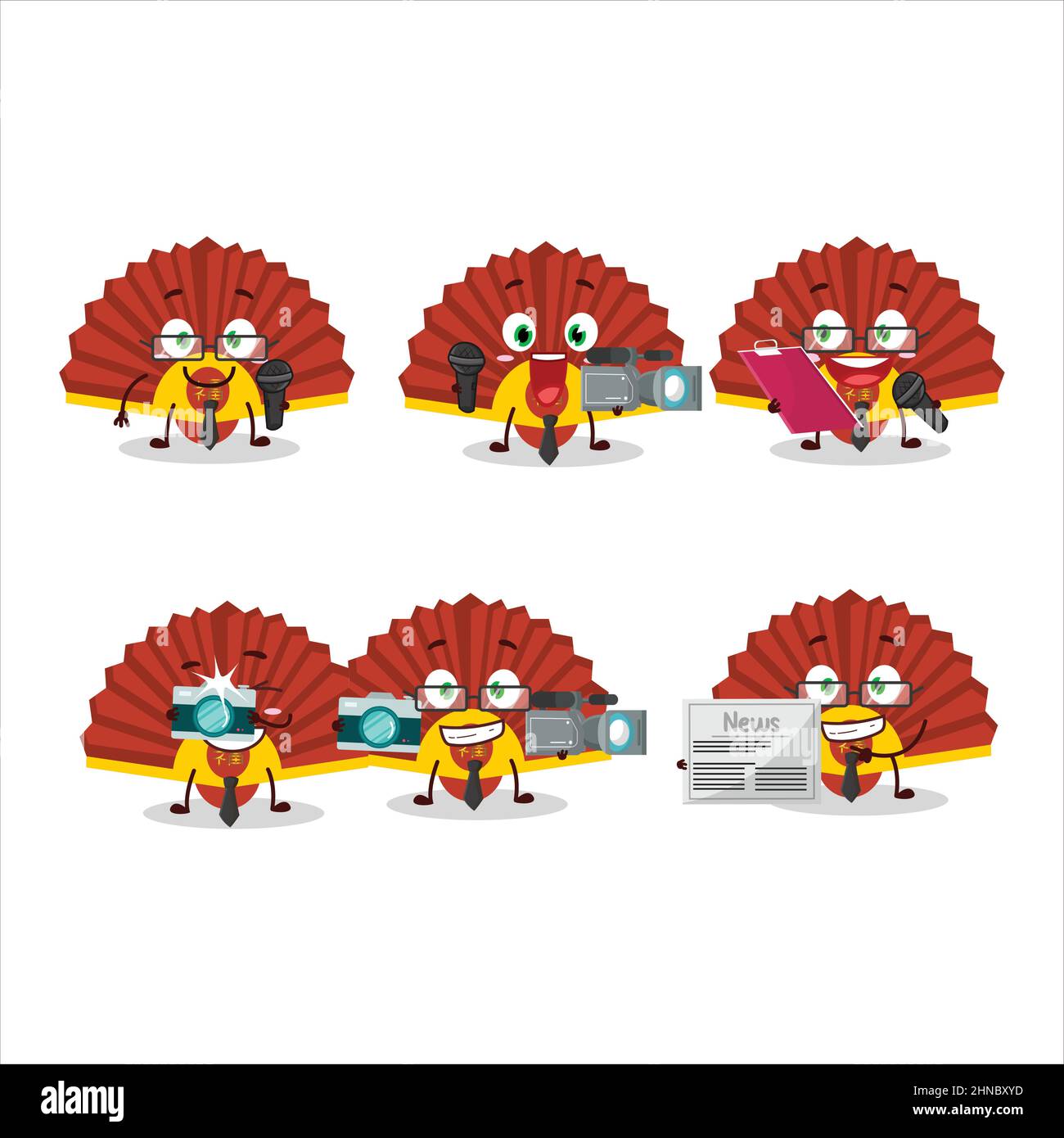 Character reporter red chinese fan cute mascot with microphone. Vector ...