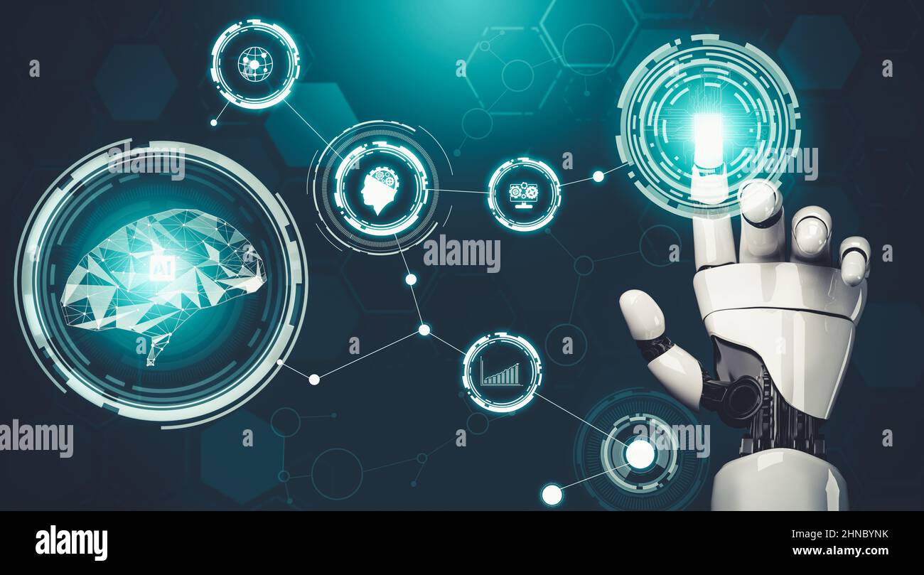 3D rendering futuristic droid robot technology development, artificial ...