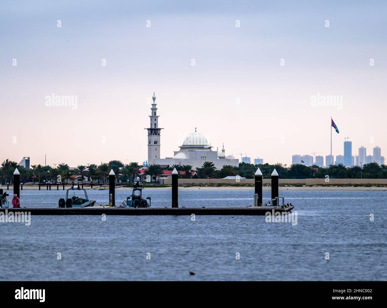 Humaid bin Rashid Al Nuaimi Mosque from Al Zawra Beach in Ajman Stock ...