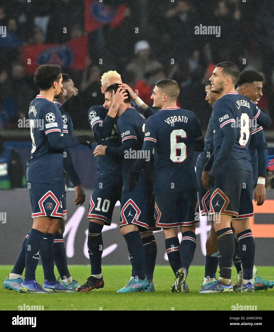 Paris, France, February 15, 2022, PSG’s Marquinhos, Lionel Messi ...