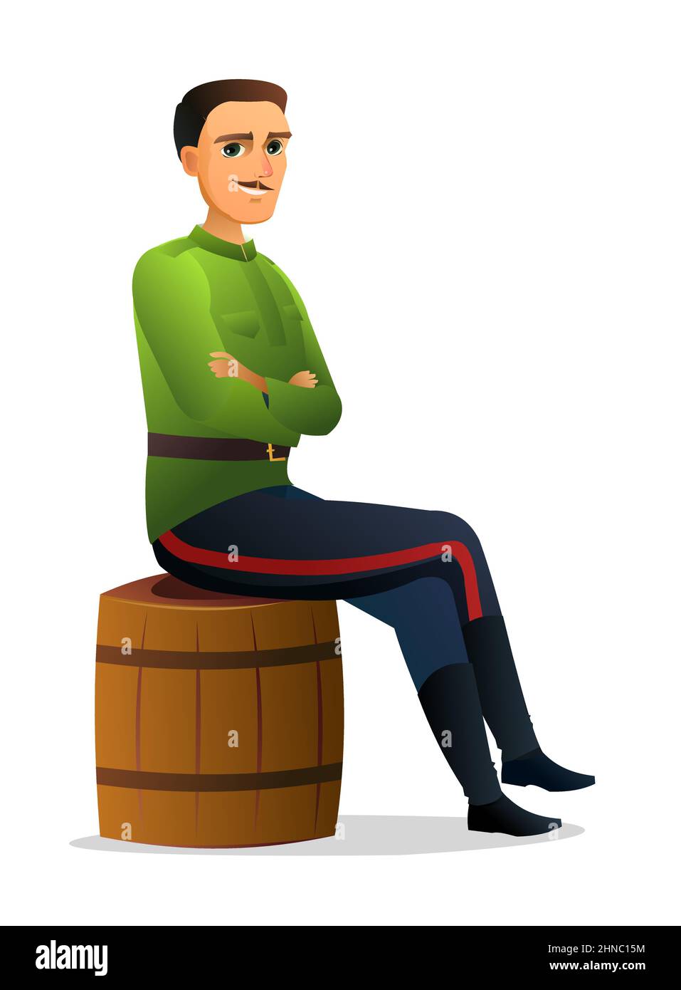 Don Cossack sits on barrel of wine. Cheerful young Russian guy. Male ...