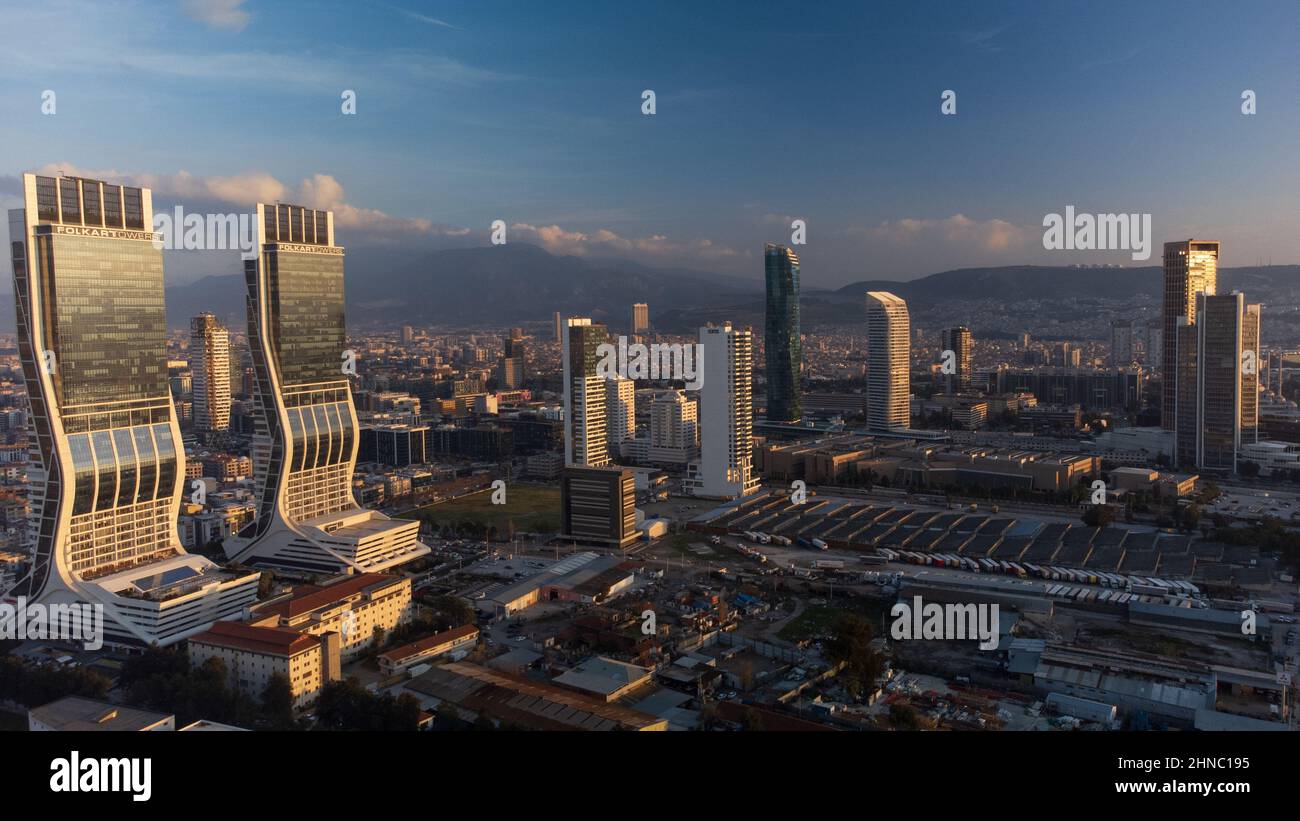 Cityscape of Izmir surrounded by hills and beautiful modern buildings ...
