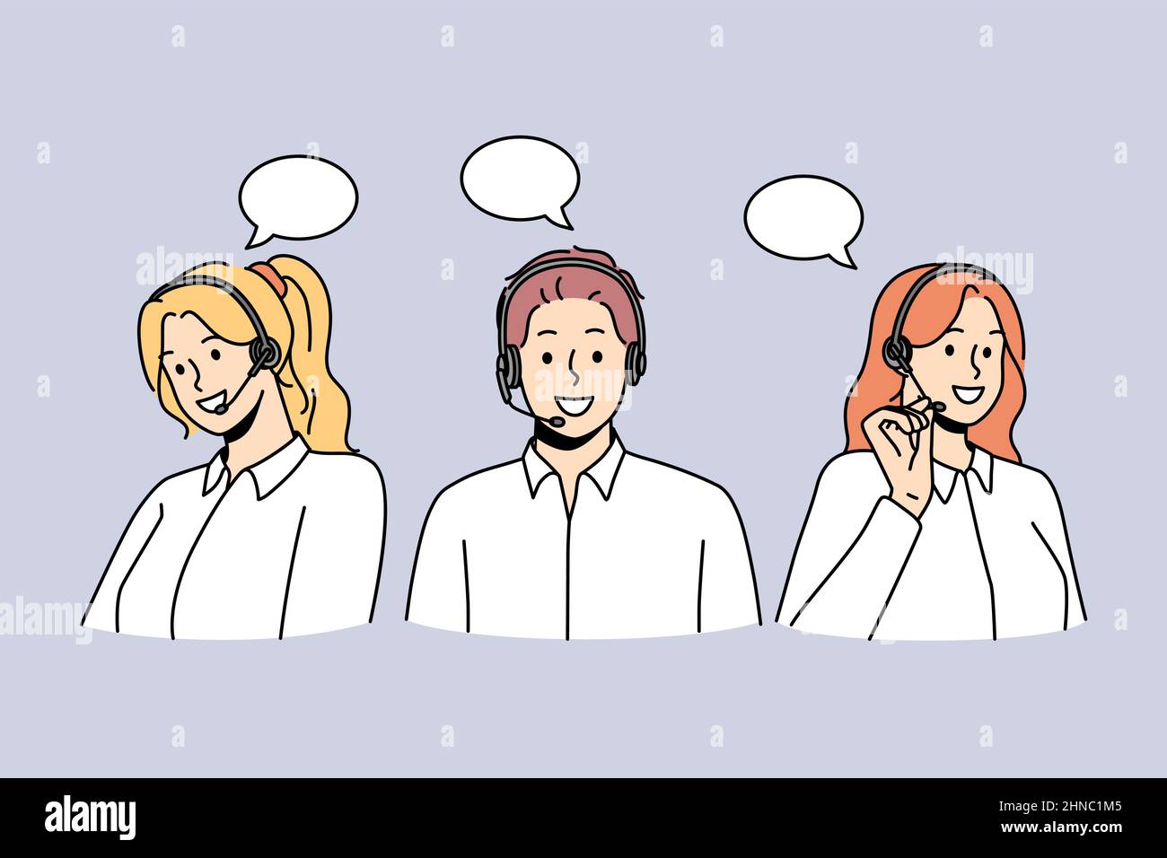 Customer service and call center concept. Group of young people workers ...