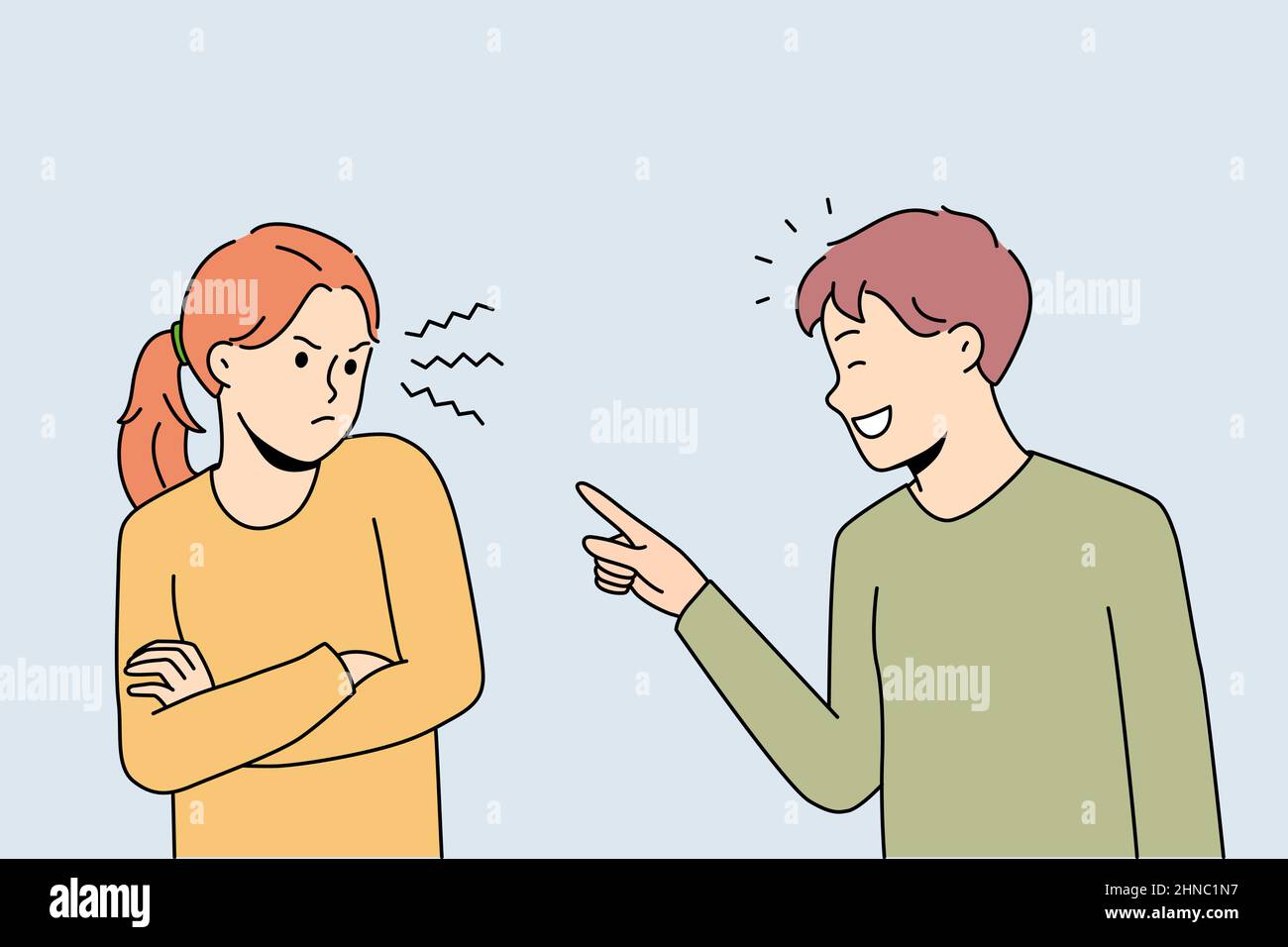 Having fun and laughing concept. Smiling boy standing pointing at ...