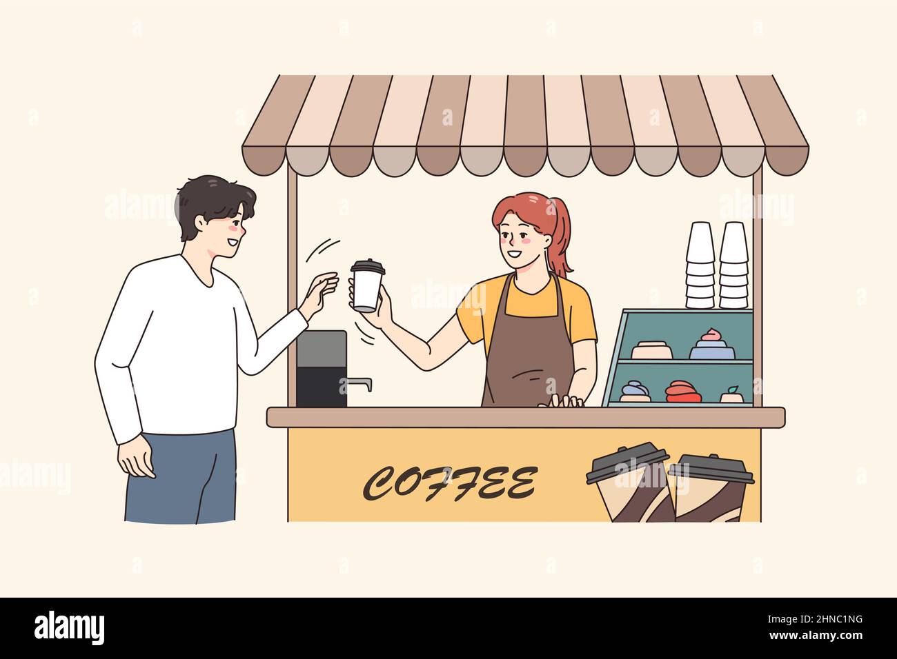 Smiling man buy takeaway coffee in street coffeeshop from female ...