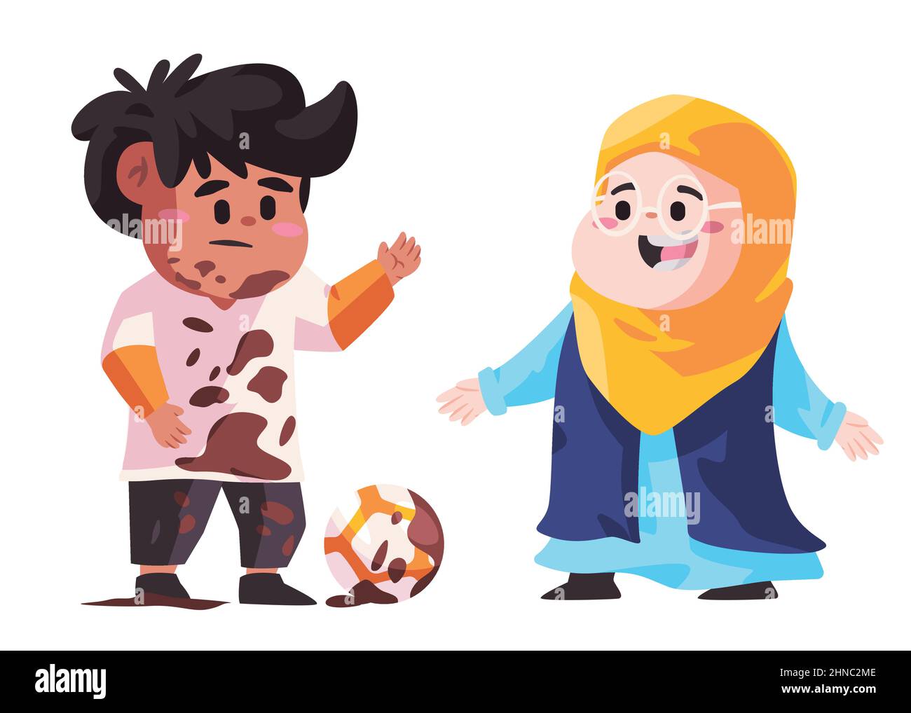 Kids dirty full of mud after play soccer football boy with his mother ...