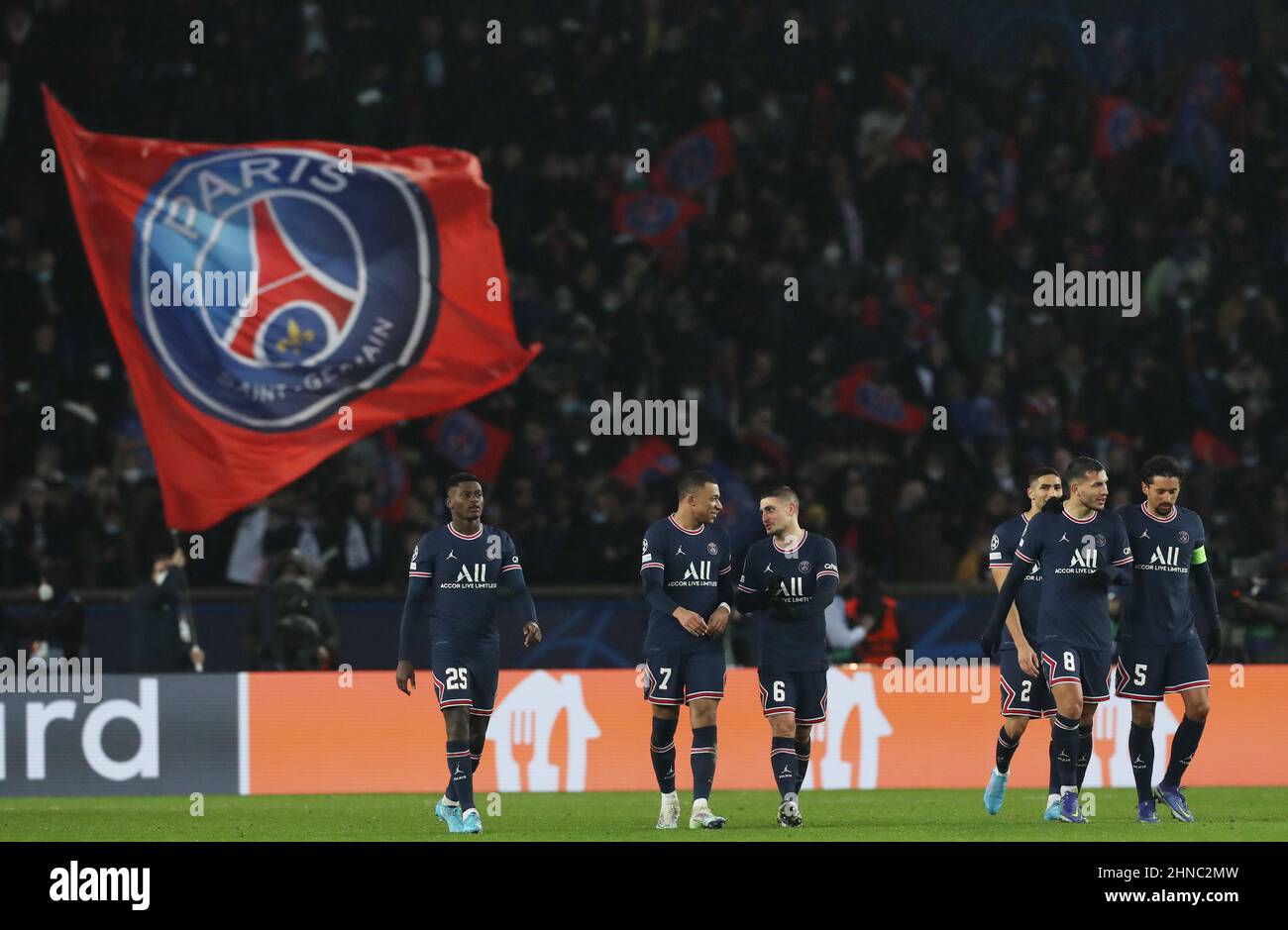 Paris, France. 15th Feb, 2022. Players of Paris Saint-Germain celebrate ...