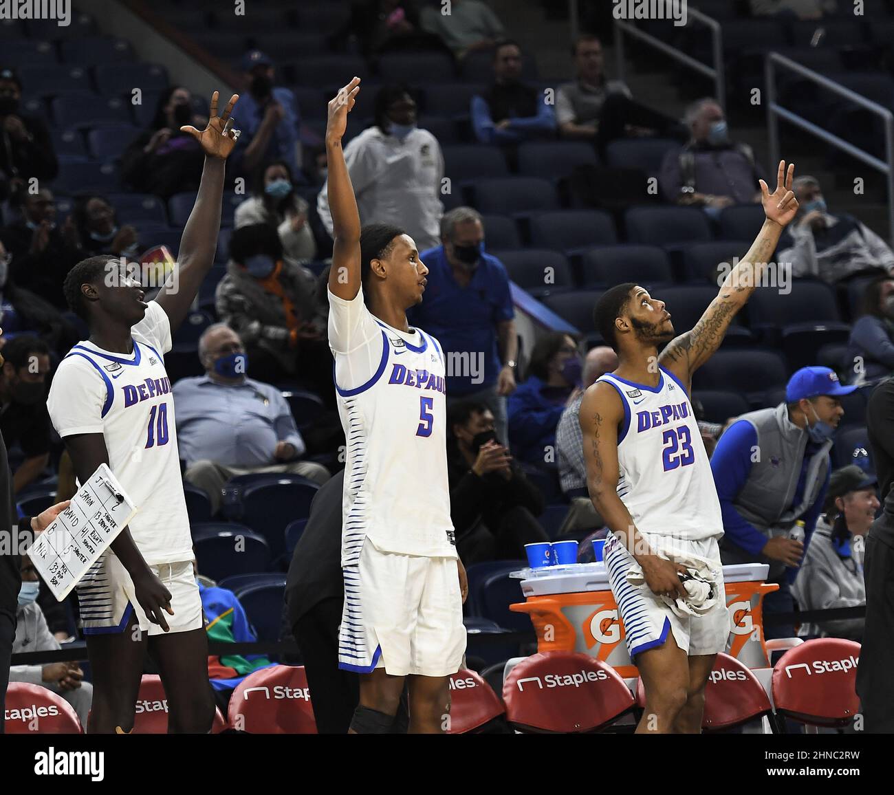 Chicago, Illinois, USA. 15th Feb, 2022. DePaul Blue Demons bench reacts ...