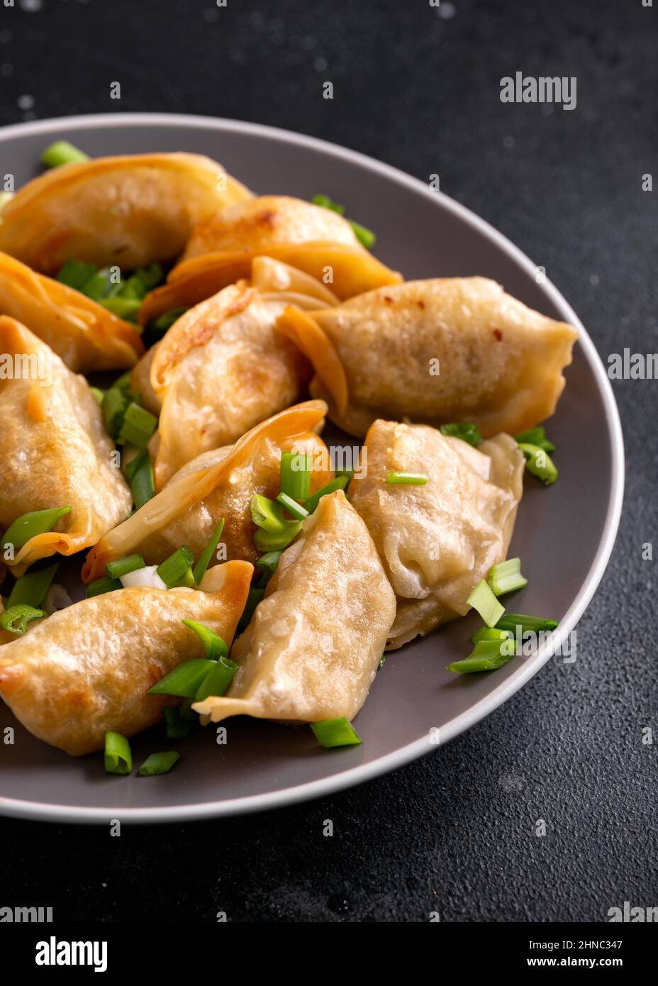 Deep fried crispy gyoza with spring onion. Asian food Stock Photo - Alamy