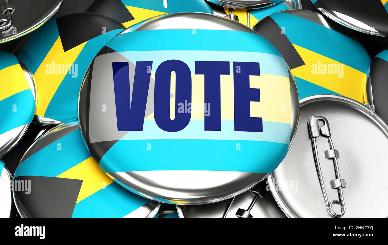 Bahamas and Vote - dozens of pinback buttons with a flag of Bahamas and ...