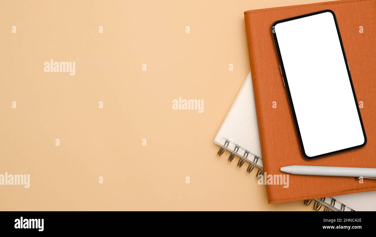 Top view, Minimal beige workspace background with copy space for ...