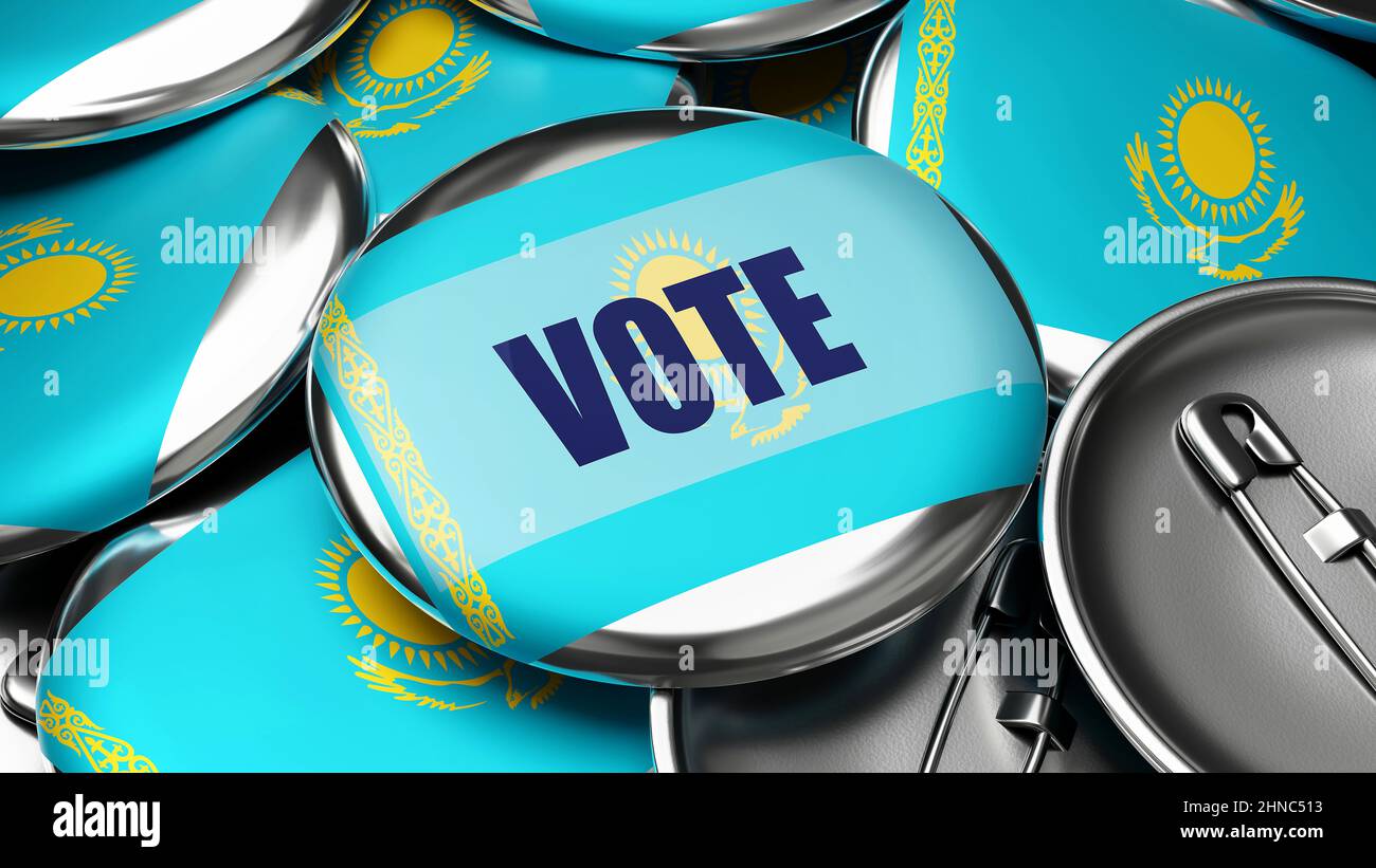Vote in Kazakhstan - national flag of Kazakhstan on dozens of pinback ...