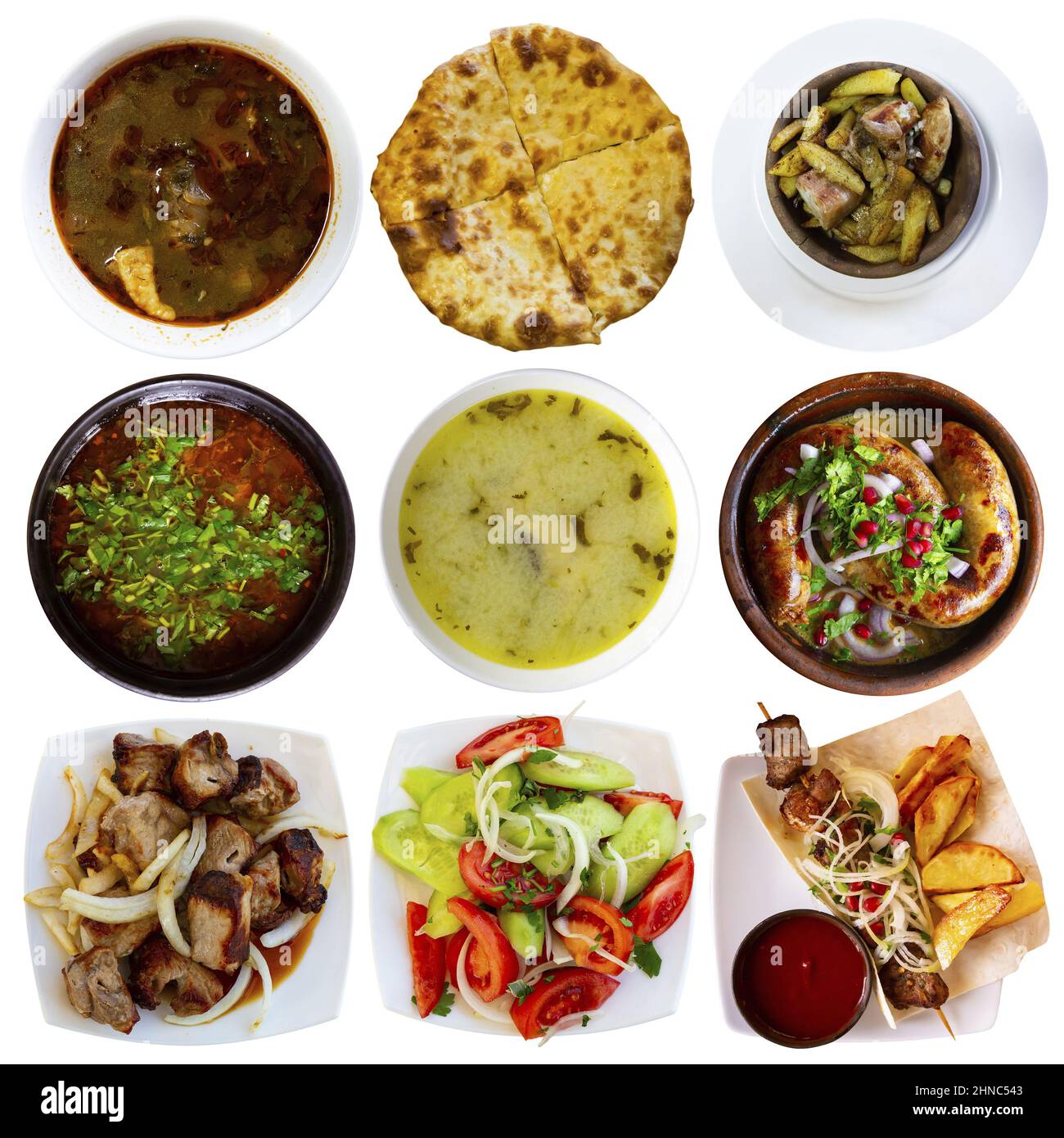 Collection of various traditional Georgian dishes isolated on white ...