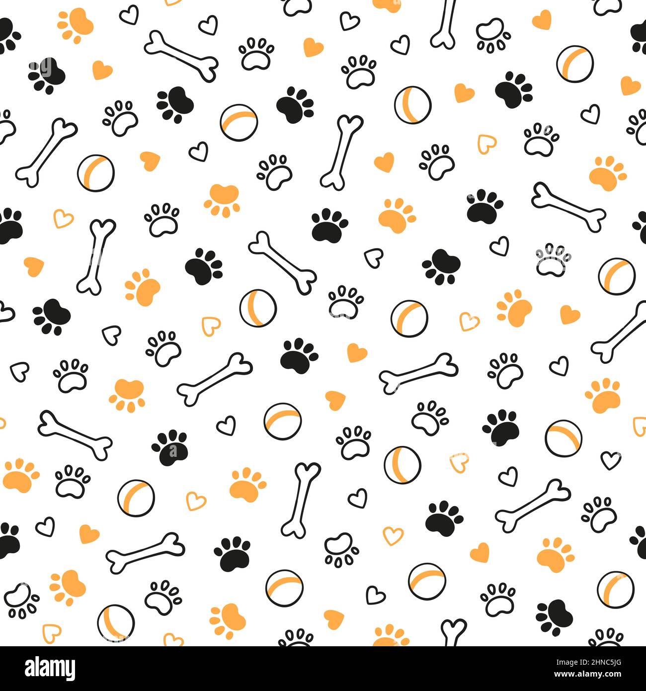 Seamless dog pattern with paw prints, bones, hearts and balls. Cat foot ...