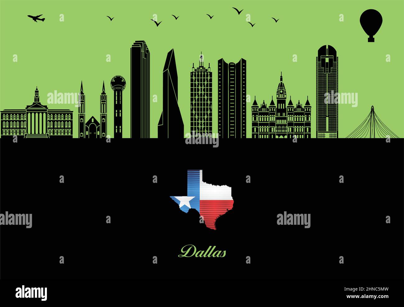 Dallas city skyline silhouette - illustration, Town in Green background ...