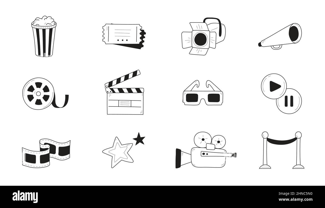 Movie, cinema entertainment doodle icon illustration. Doodle hand drawn ...