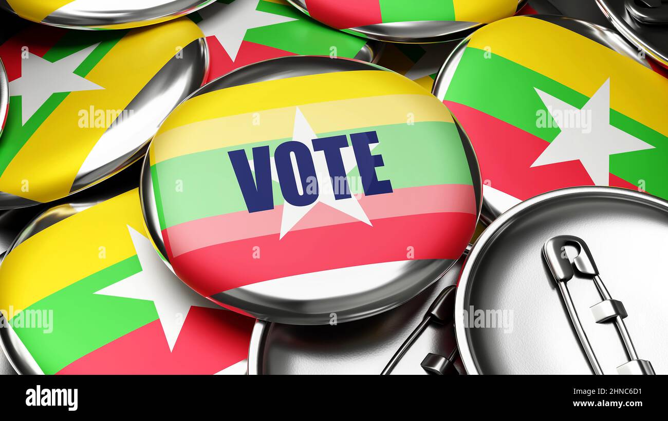 Vote in Myanmar - national flag of Myanmar on dozens of pinback buttons ...