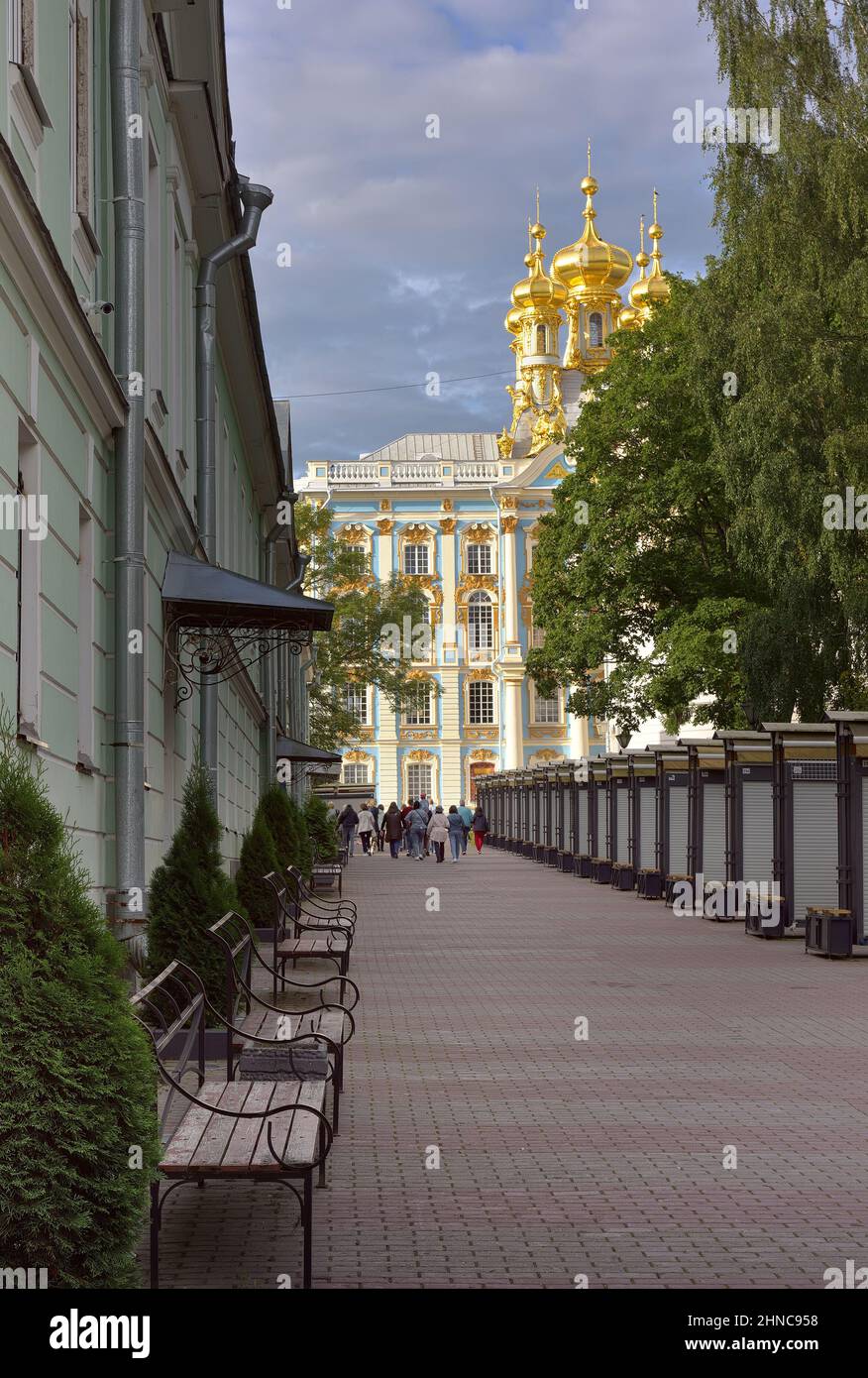 Pushkin/Saint Petersburg / Russia-09.03.2020: Morning in Lyceum lane. Rows of benches and ...