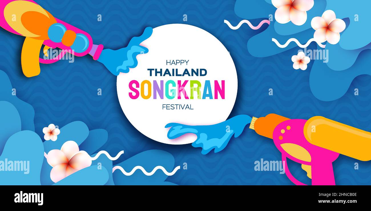 Songkran Festival with Blue water splash. Thailand New Year. Thai happy asian holidays. Water ...