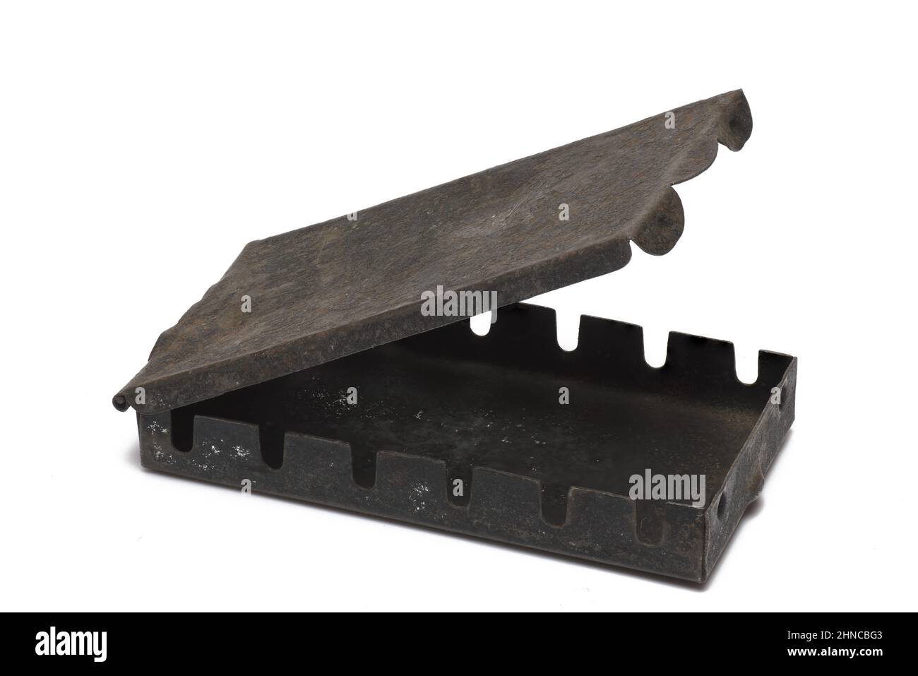 Close up of very old rusty vintage textured small metal box with ...