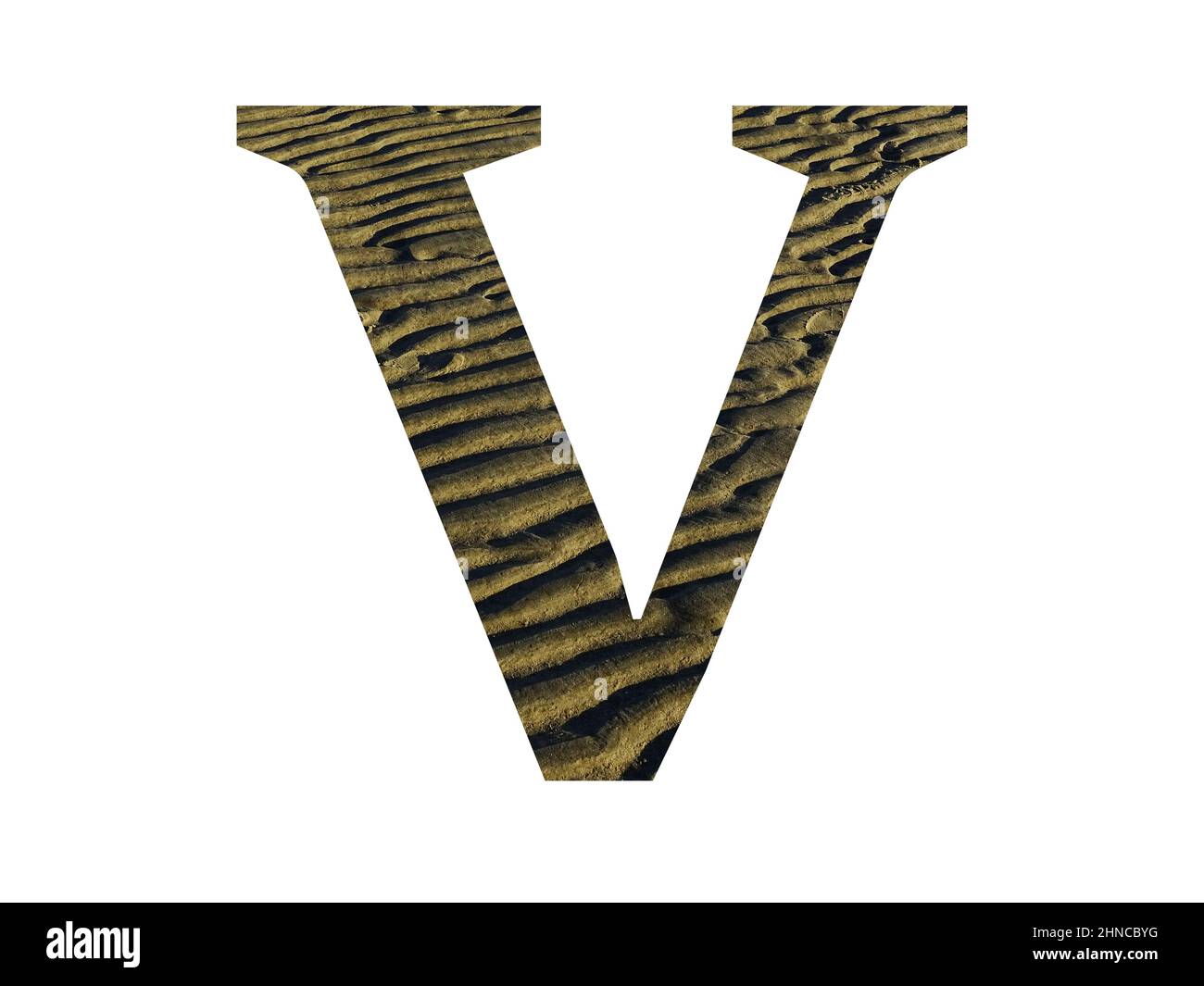letter V of the alphabet made with ridges from the beach, color yellow ...