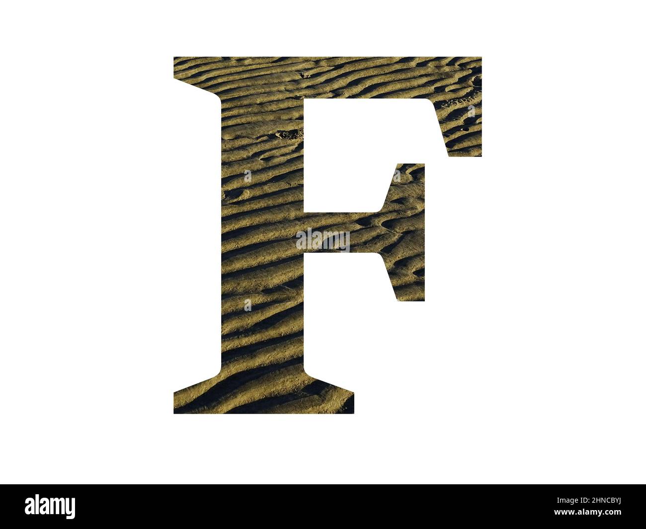 letter F of the alphabet made with ridges from the beach, color yellow ...