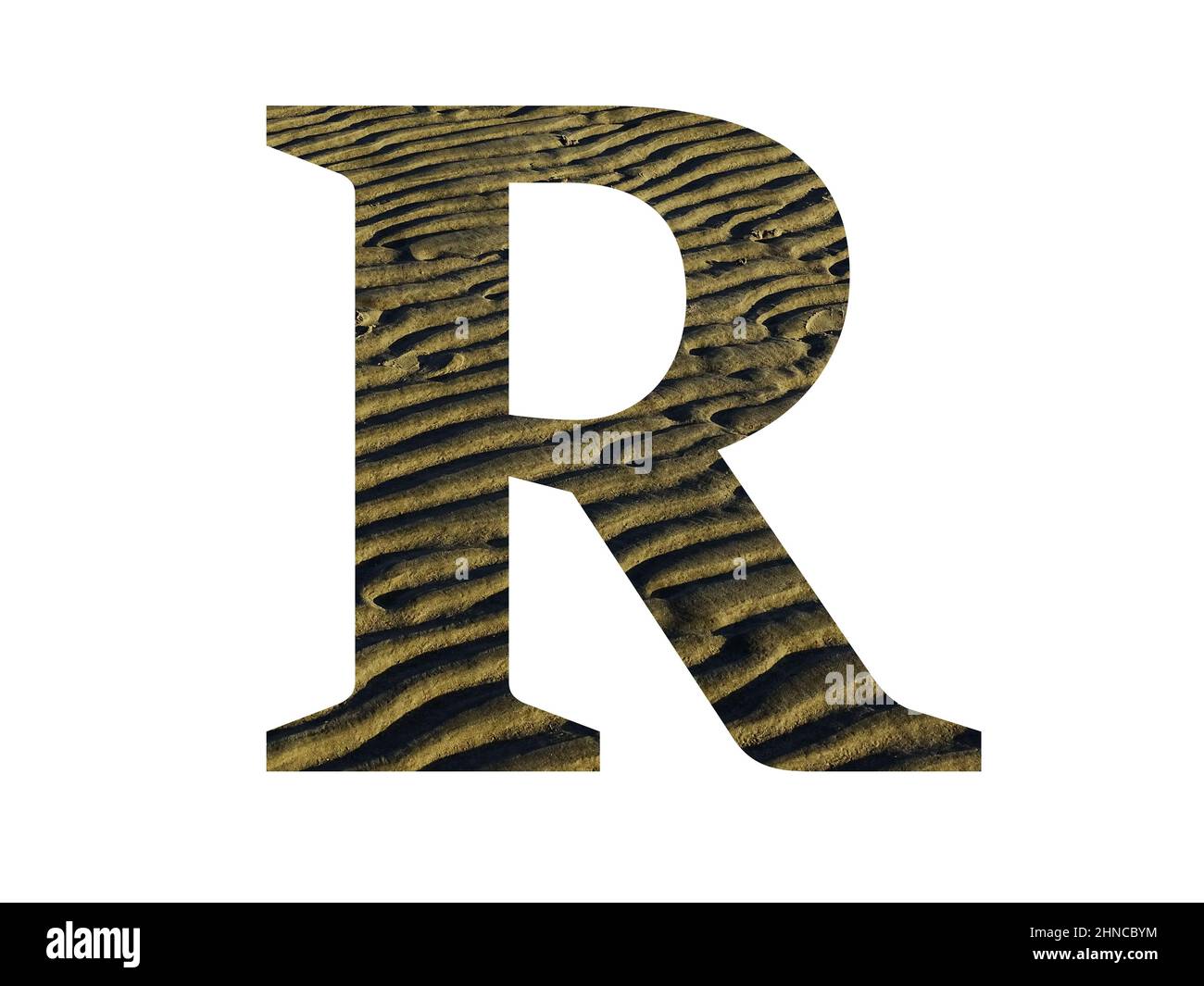letter R of the alphabet made with ridges from the beach, color yellow ...