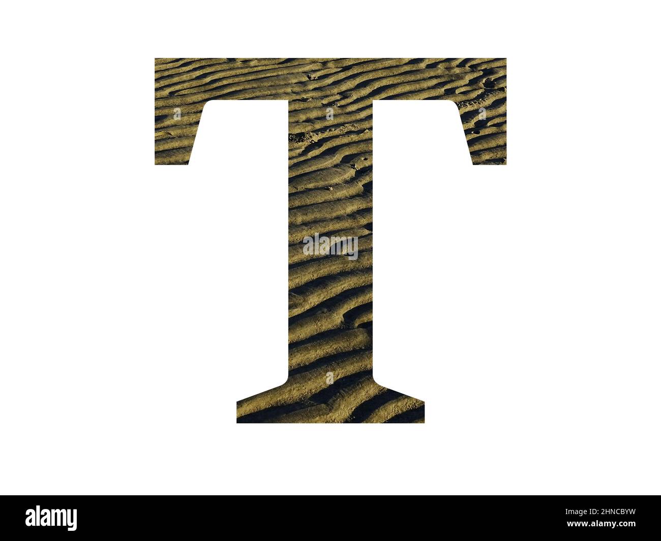 letter T of the alphabet made with ridges from the beach, color yellow ...