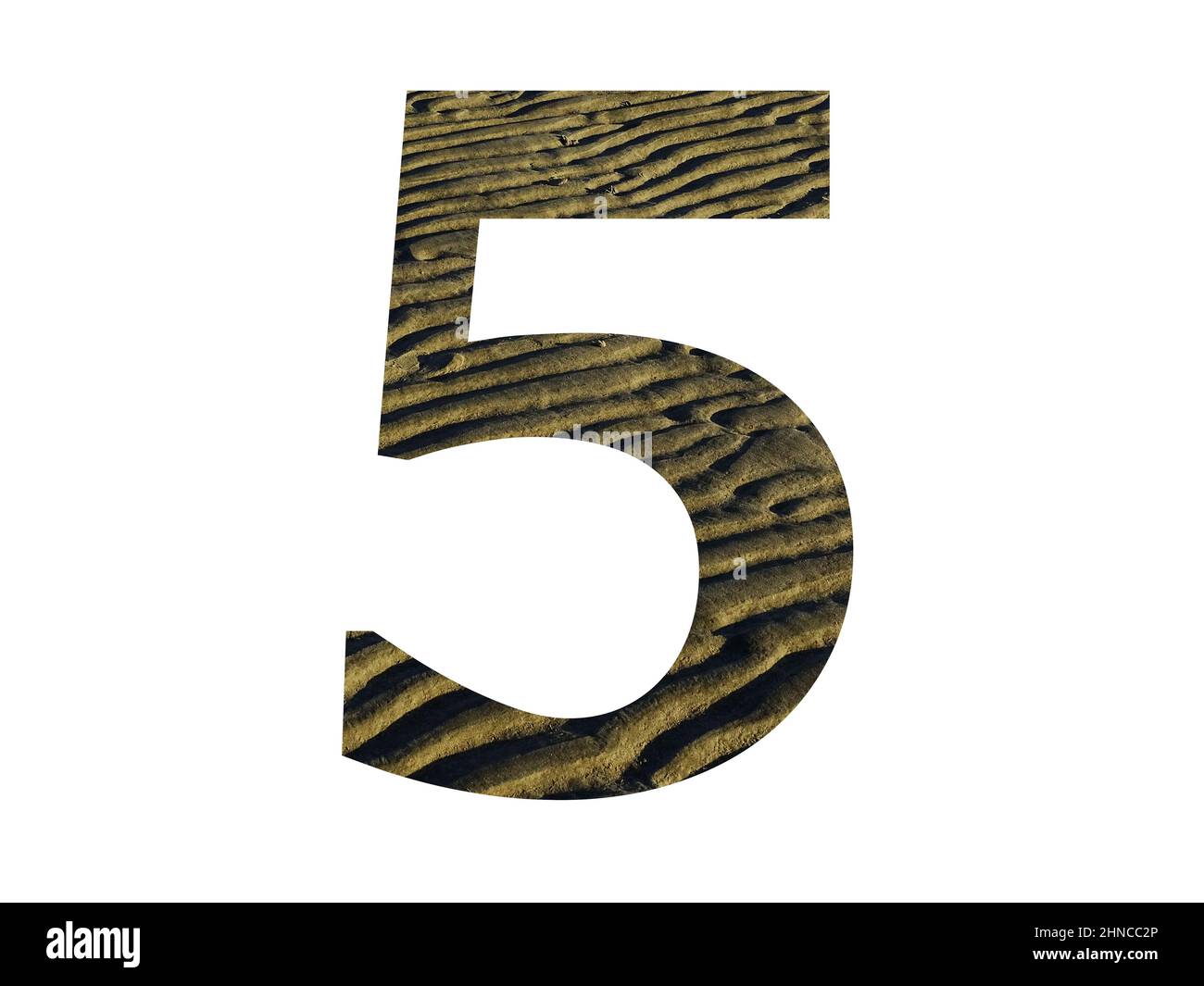 number 5 of the alphabet made with ridges from the beach, color yellow ...