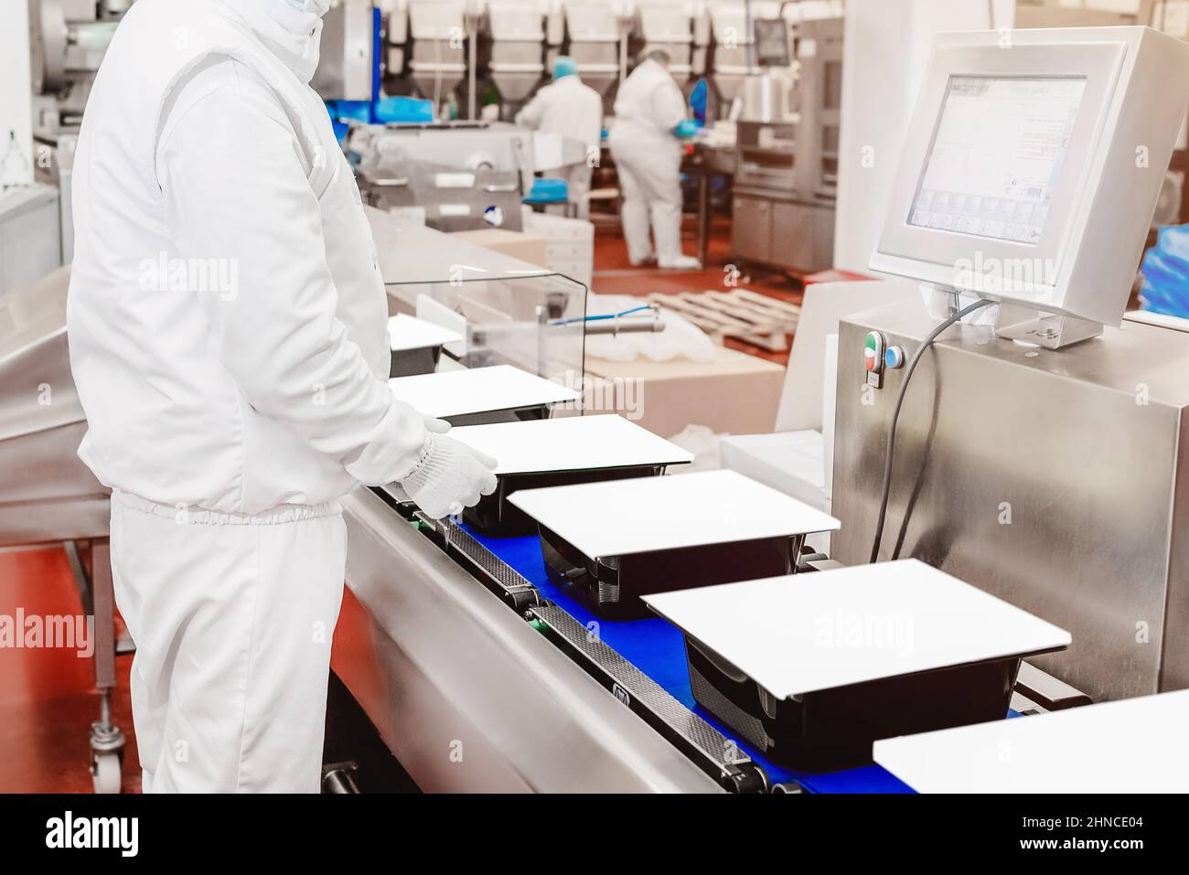 Group of workers working at a chicken factory food processing plant ...