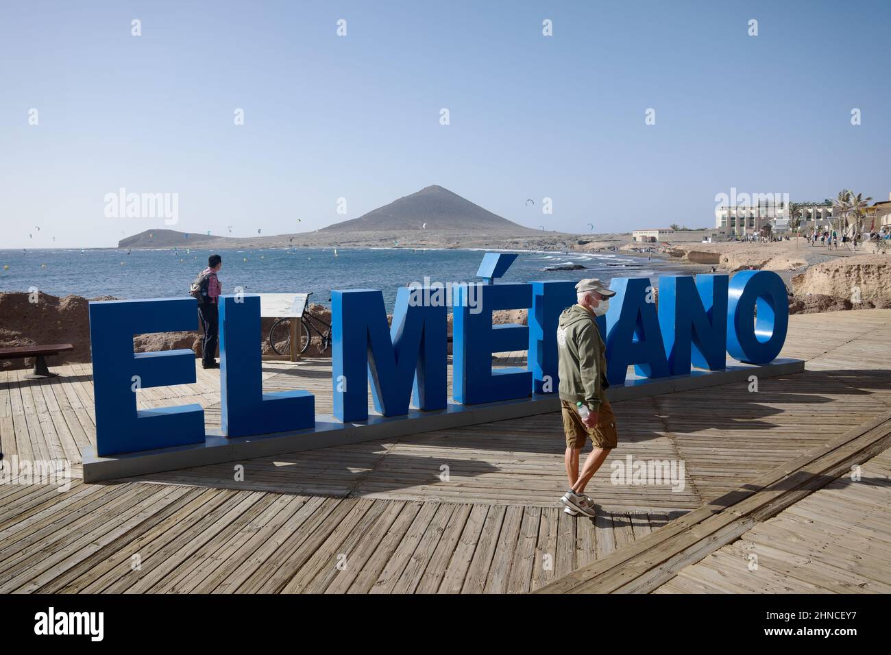 El Medano sign, Playa de El Médano esplanade, El Médano, south Tenerife ...