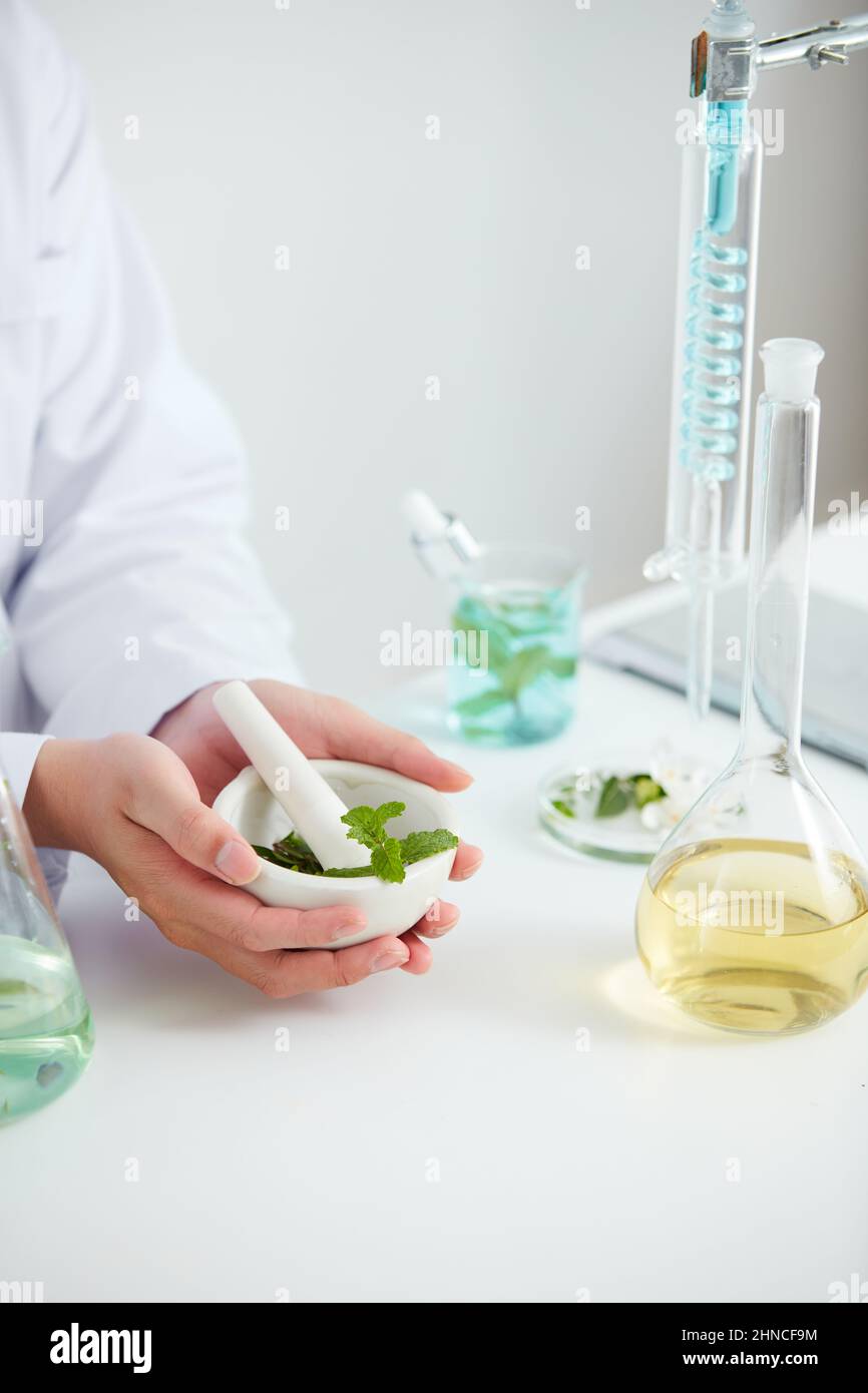 Plants and flowers extract in petri dish and a white background in ...