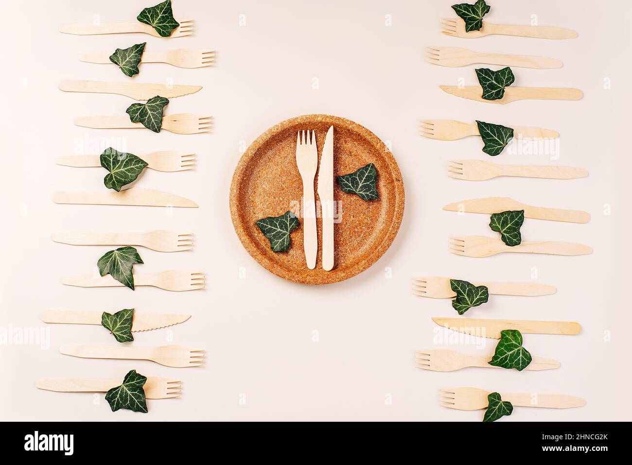 Recycling concept.Disposable cutlery on a pressed paper plate on a ...