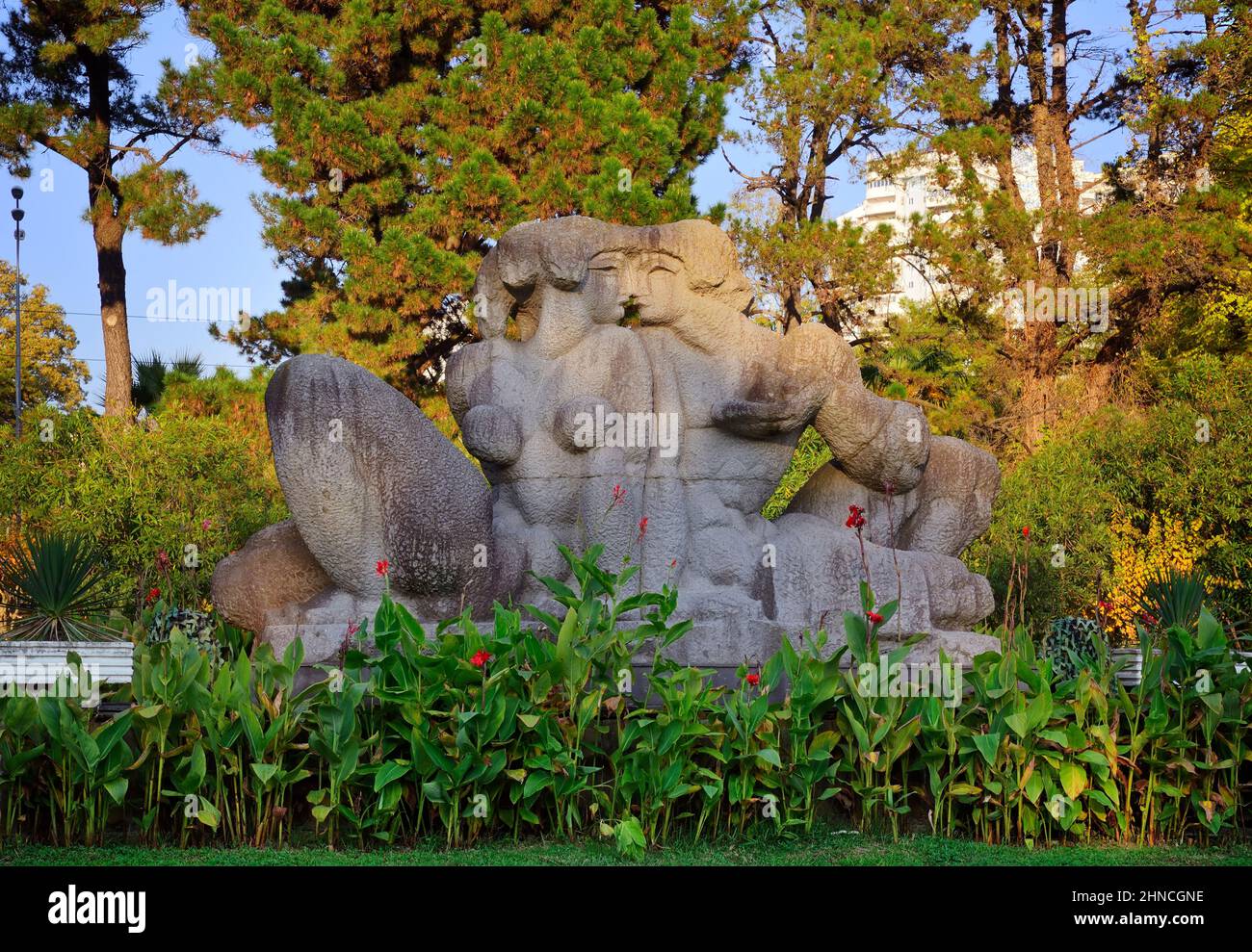 Sochi, Russia, 11.01.2021: Adam and Eve sculpture in the park. Stone ...