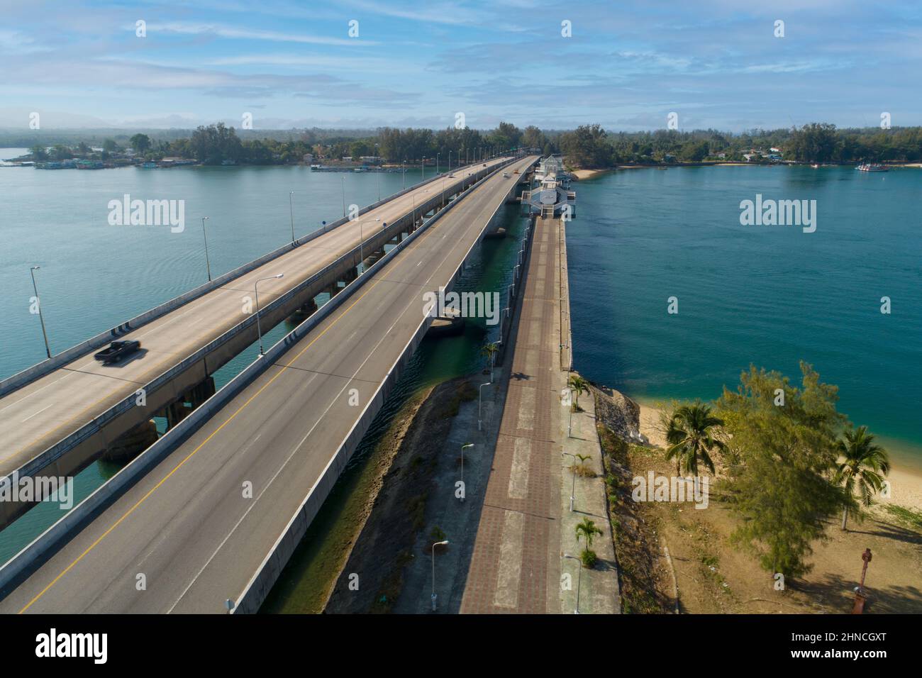 Aerial top view drone shot of bridge with cars on bridge road image ...