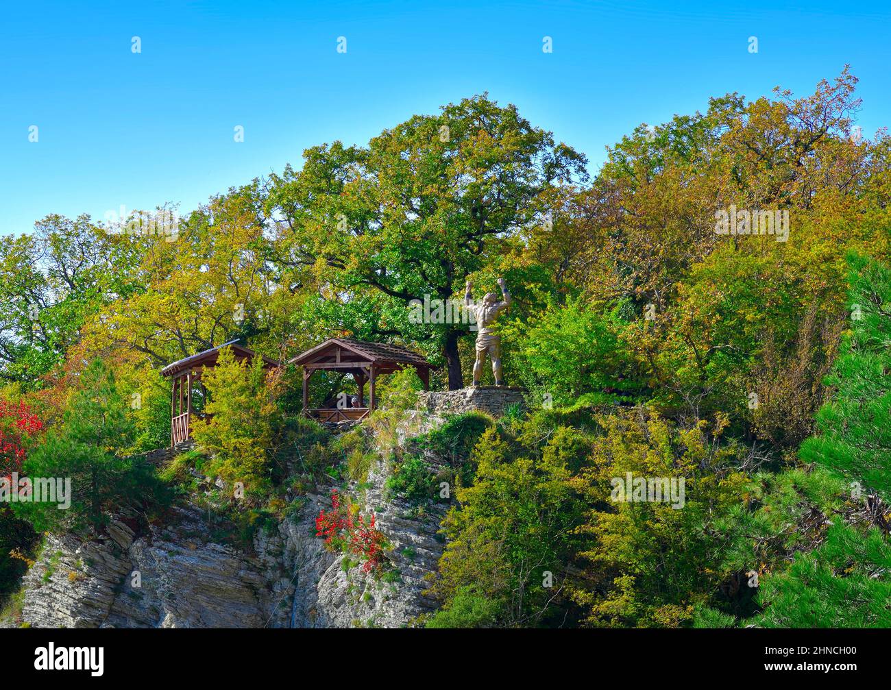 Sochi, Russia, 11.01.2021. Prometheus sculpture on top of Eagle Rocks ...