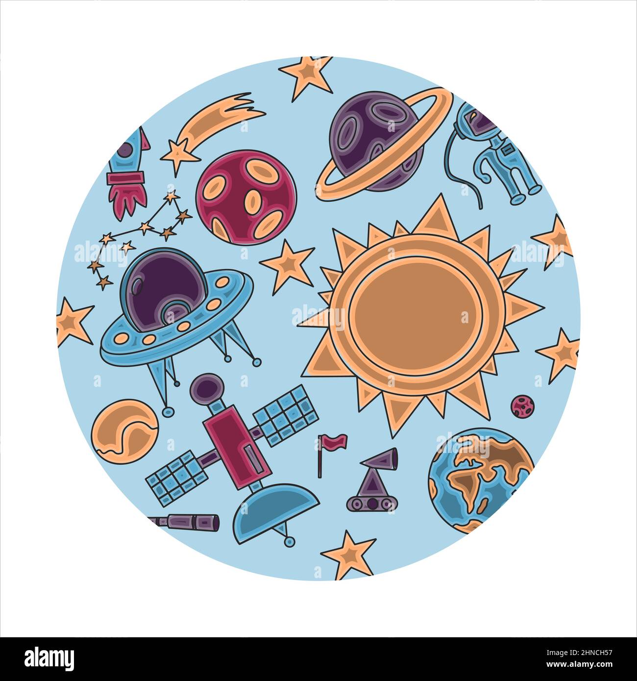 Hand draw space illustration with a rocket, astronaut, planets and ...