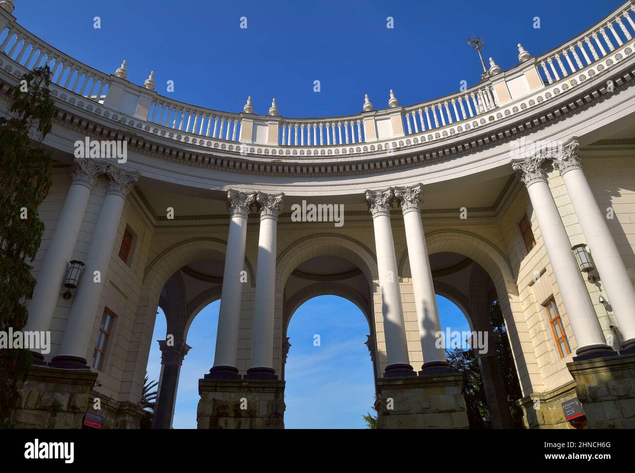 Sochi, Russia, 11.01.2021. The arched wall of a round Italian courtyard ...