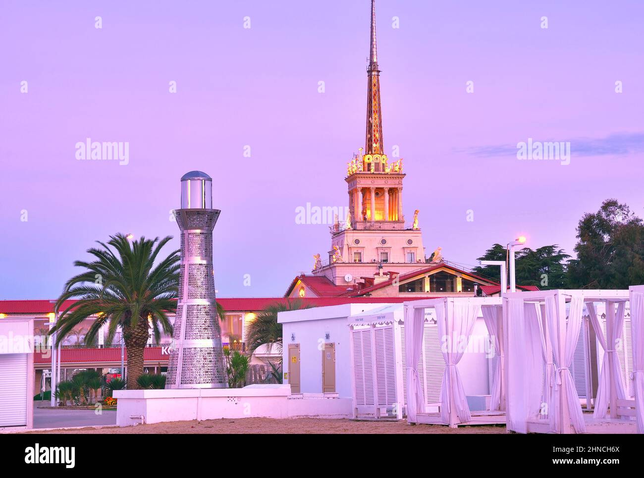 Sochi, Russia, 11.01.2021. Gazebos on the Lighthouse beach, the spire ...